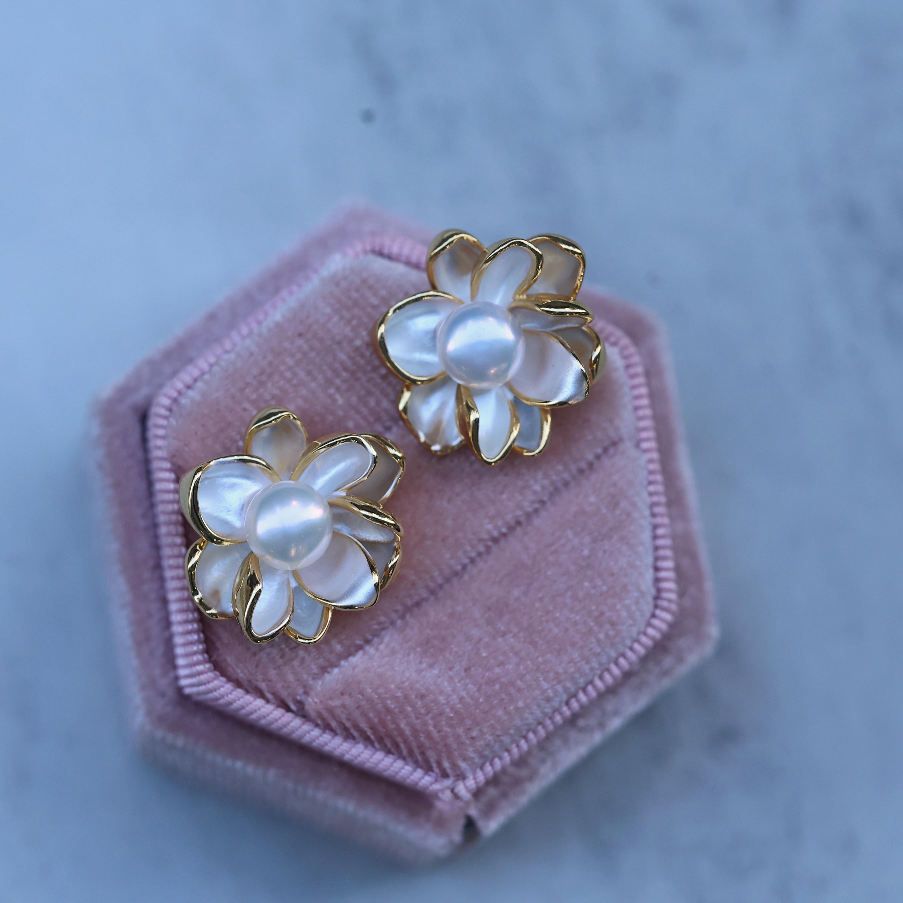 Gold Flower Pearl Stud Earrings, Handmade Pearl Earrings, Floral Pearl ...