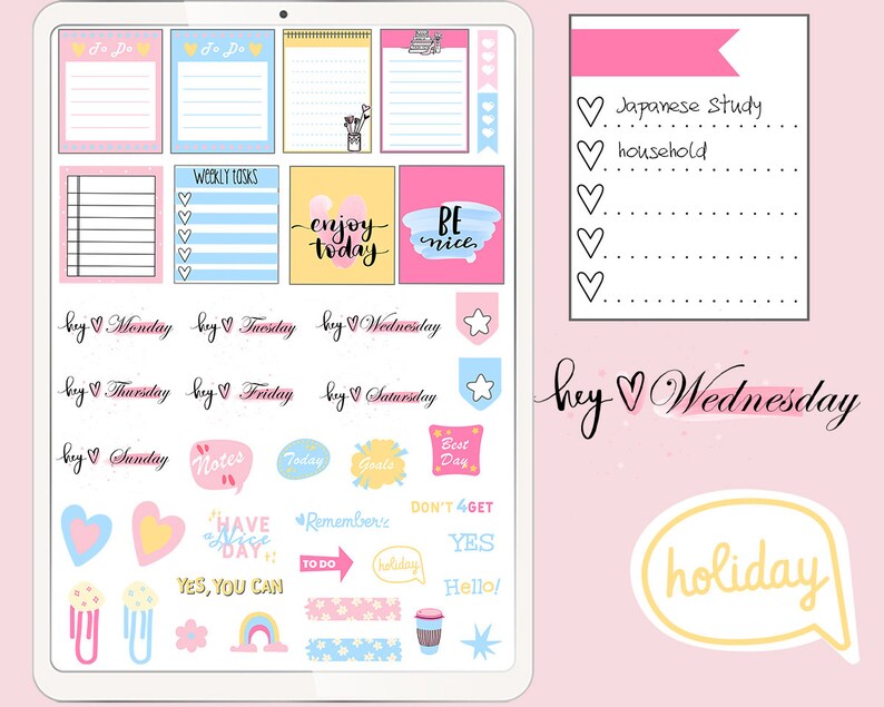 71 PCS Digital Girl Planner Stickers Bundle Cute A4 Pre-cropped PNG ...