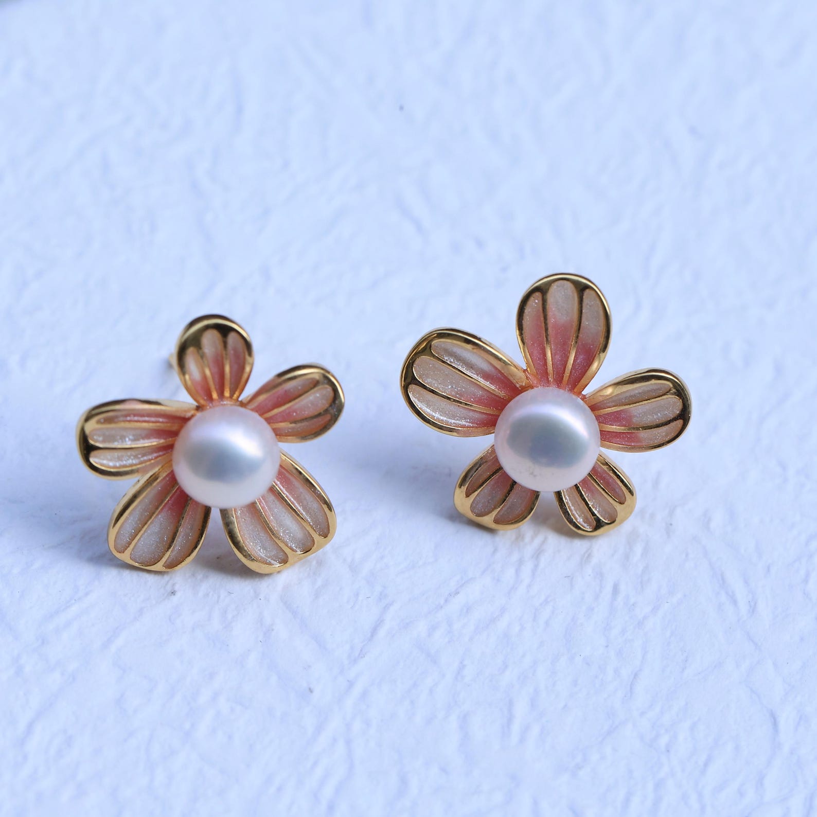 Sakura Pearl Earrings, Cute Pink Flower Studs, Gold Cherry Blossom ...
