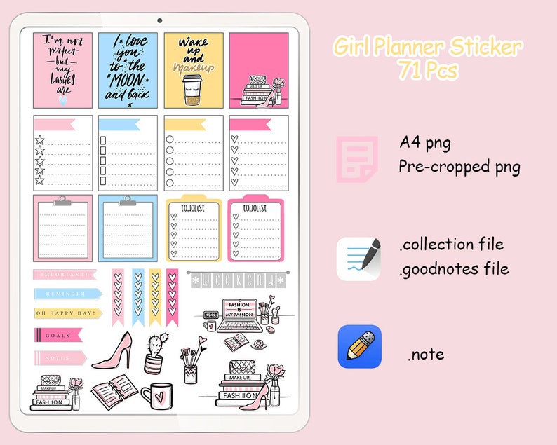 71 PCS Digital Girl Planner Stickers Bundle Cute A4 Pre-cropped PNG ...