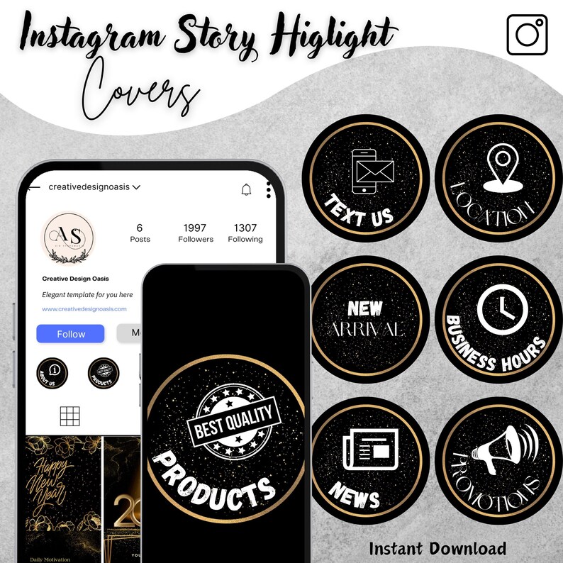 Editable Black, Gold & White Instagram Highlight Cover Icons Social ...
