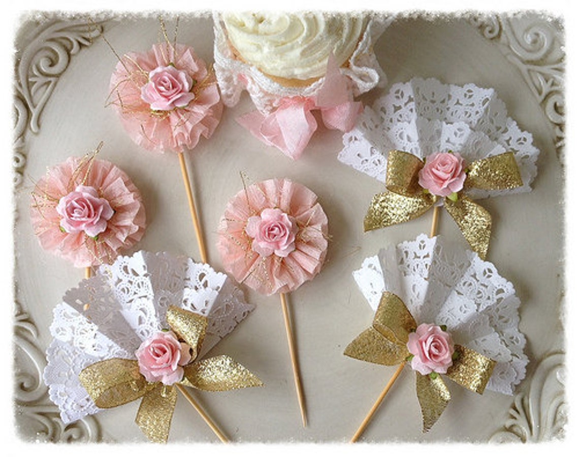 Gold and Pink Cupcake Toppers Set of Six for Birthday Party and Mother ...