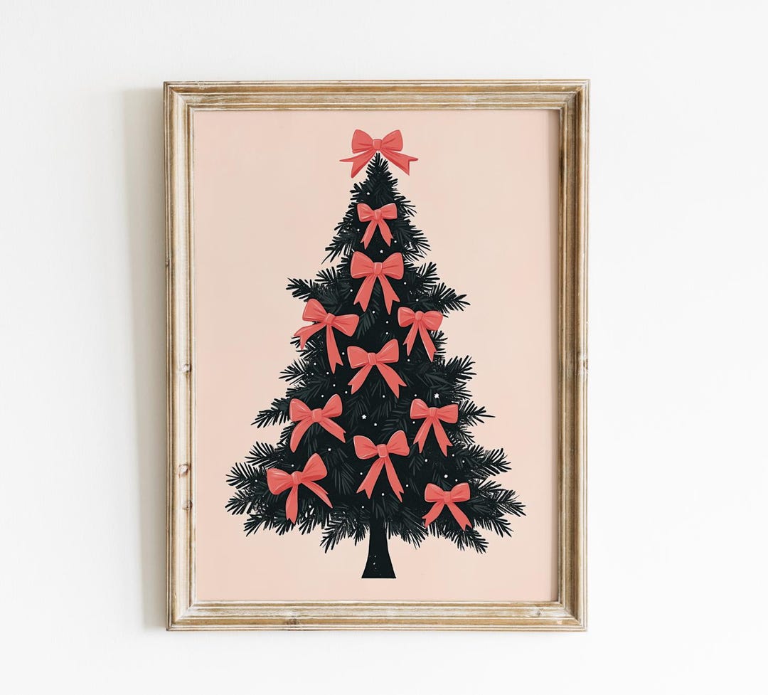 Pink Bow Tie Christmas Tree Printable Digital Wall Art, Girly High ...