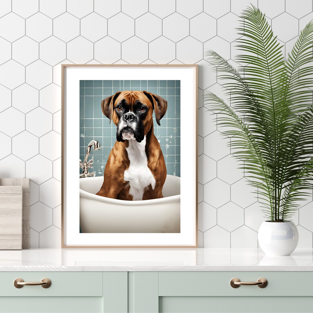 Boxer Dog in Bath Poster Boxer Dog Print Retro Boxer Dog Print Birthday ...