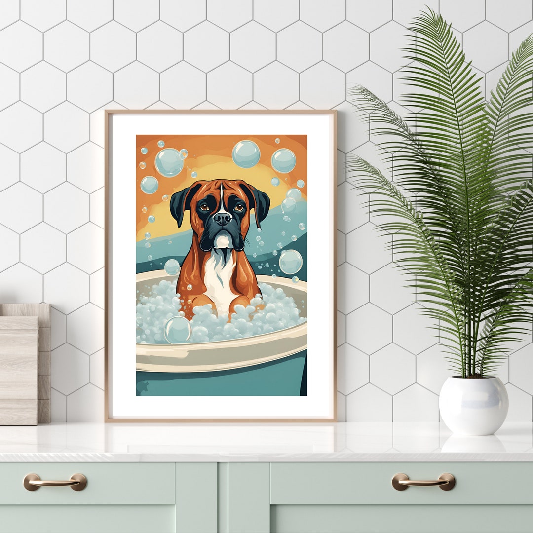 Boxer Dog in Bath Poster Boxer Dog Print Retro Boxer Dog Print Birthday ...