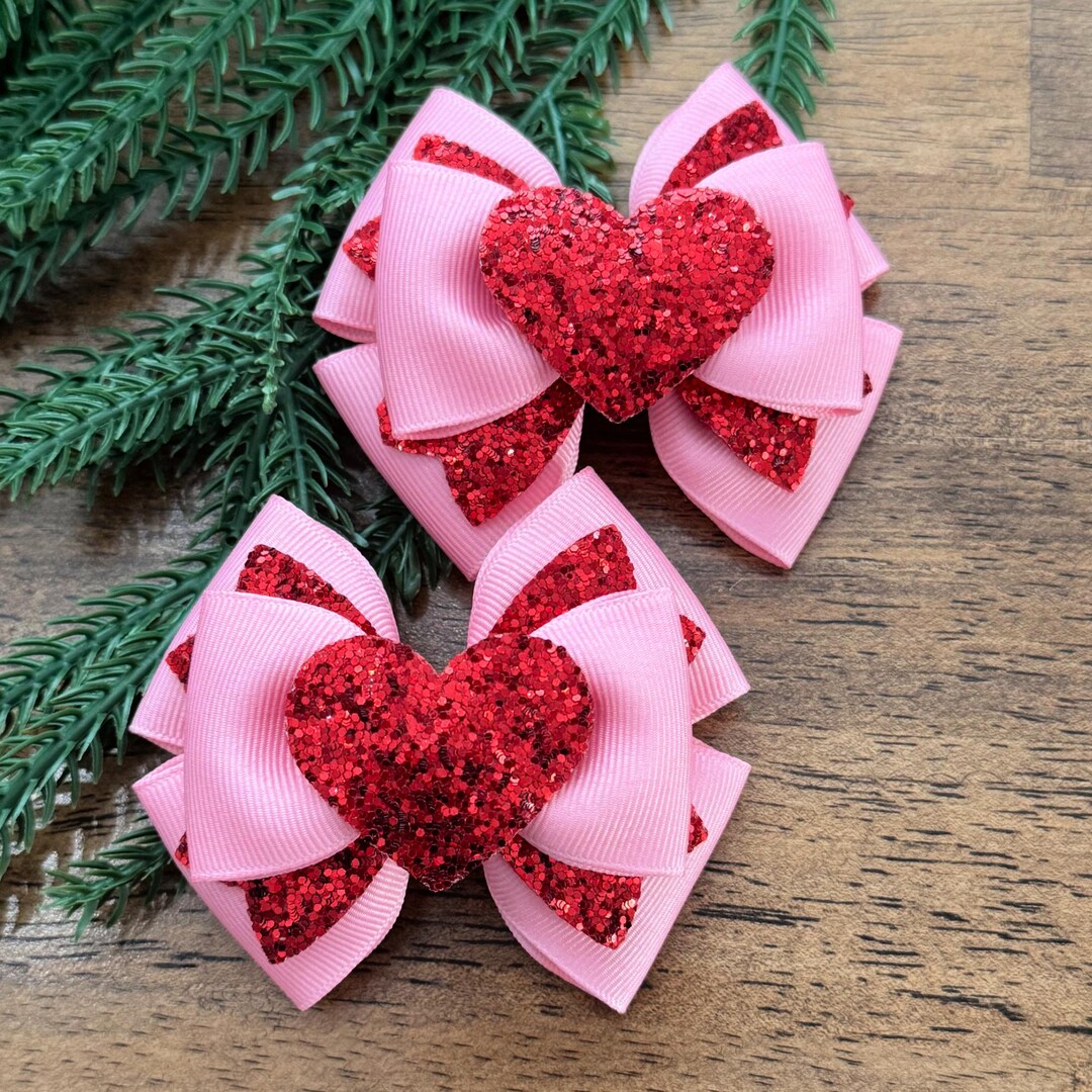 Pink and Red Glitter Pigtail Hair Bows, Set of 2 - 3 Inch Bows, Pink ...
