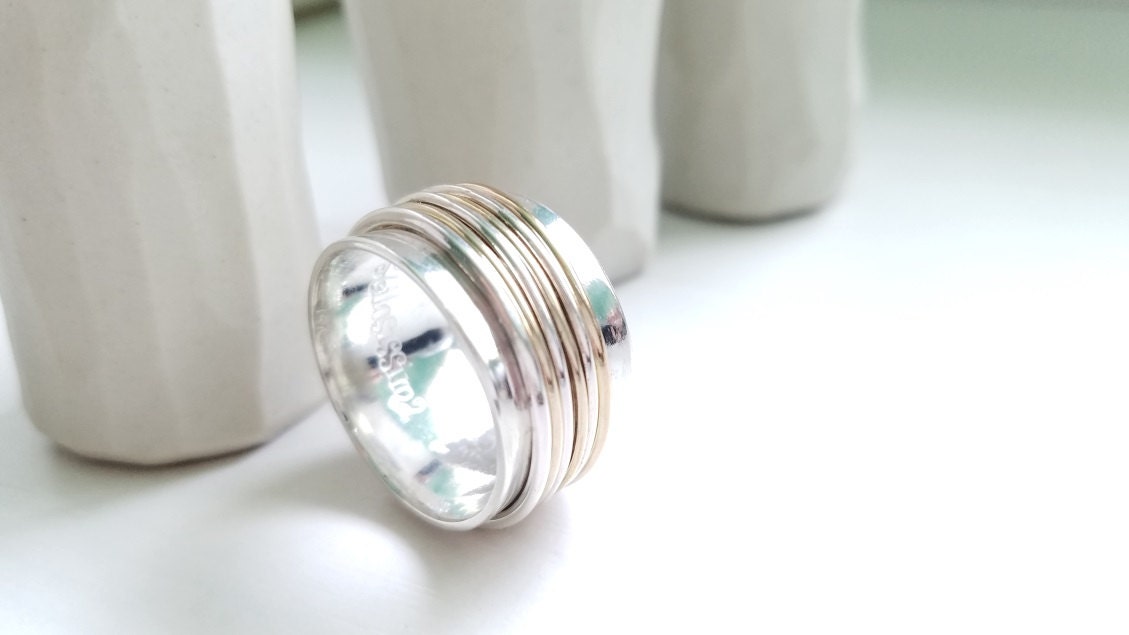 Spinner Ring Sterling Silver and 14 K Solid Gold Spinner | Etsy