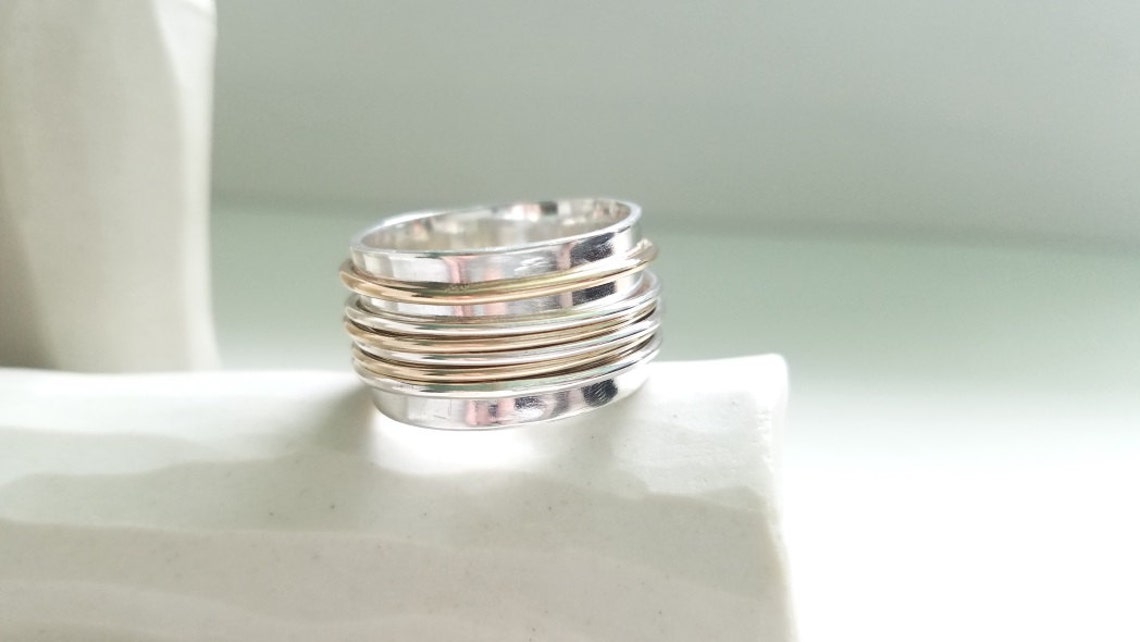 Spinner Ring Sterling Silver and 14 K Solid Gold Spinner | Etsy