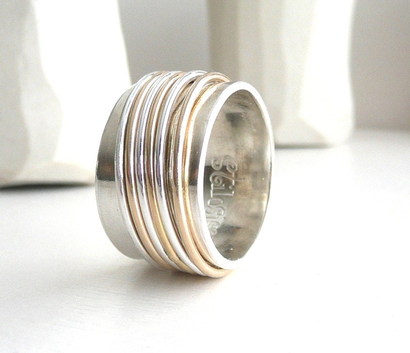 Spinner Ring Sterling Silver and 14 K Solid Gold Spinner | Etsy
