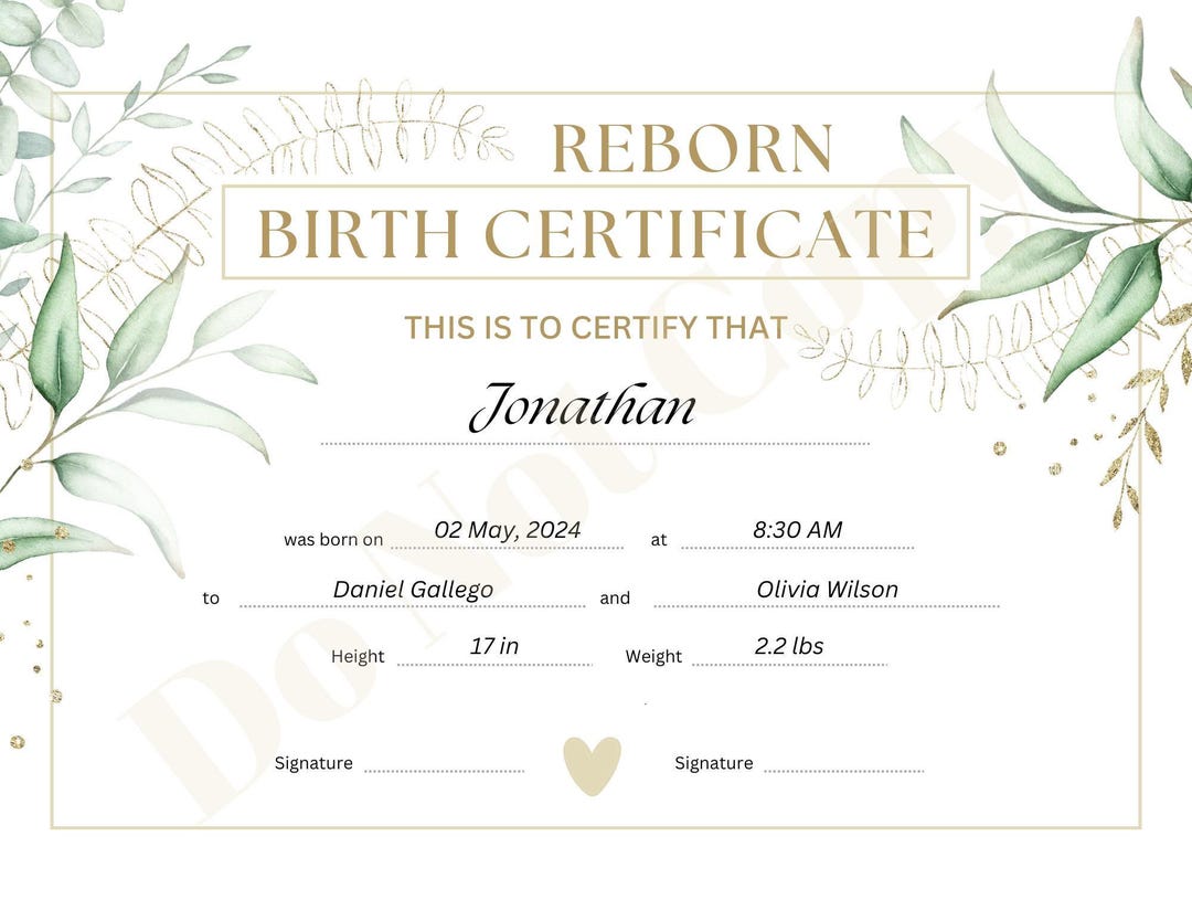PRINT AT HOME Reborn Baby Birth Certificate ~ Customized for Your Doll ...
