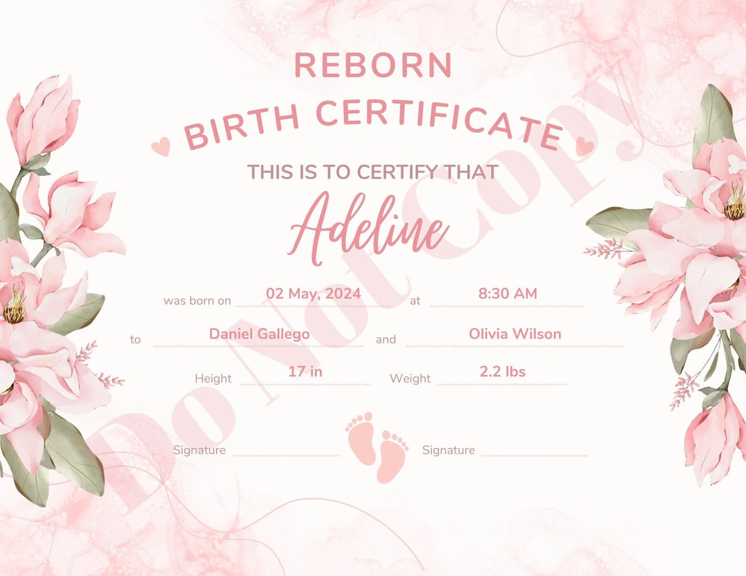 PRINT AT HOME Reborn Baby Birth Certificate ~ Customized for Your Doll ...