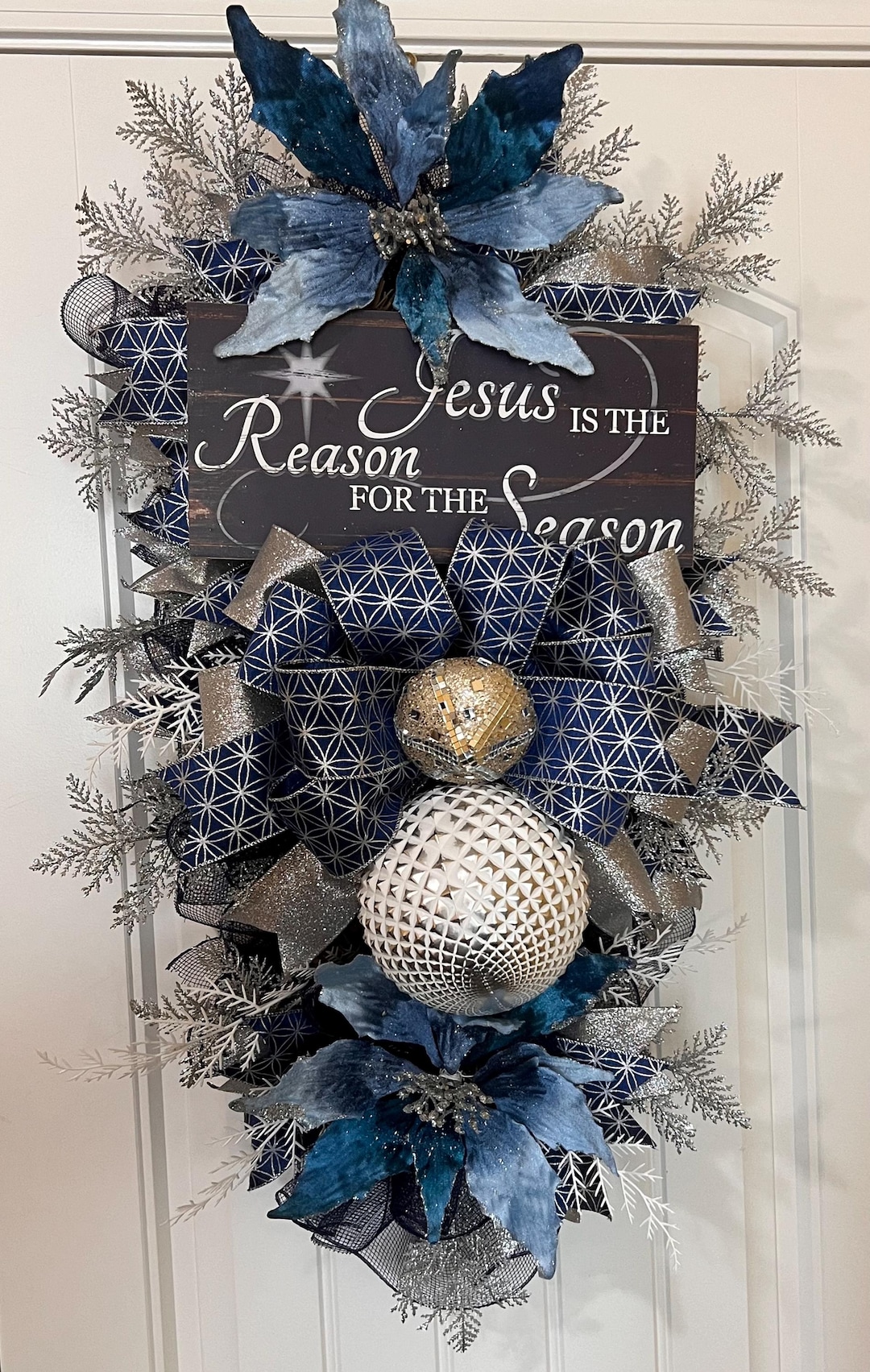 Jesus is the Reason for the Season Wreath, Blue and Silver Christmas ...