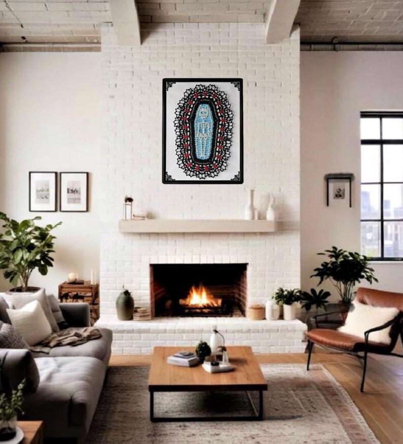 Skeleton Coffin Art in Black & Gold - Crochet Wall Art Mounted Lace ...