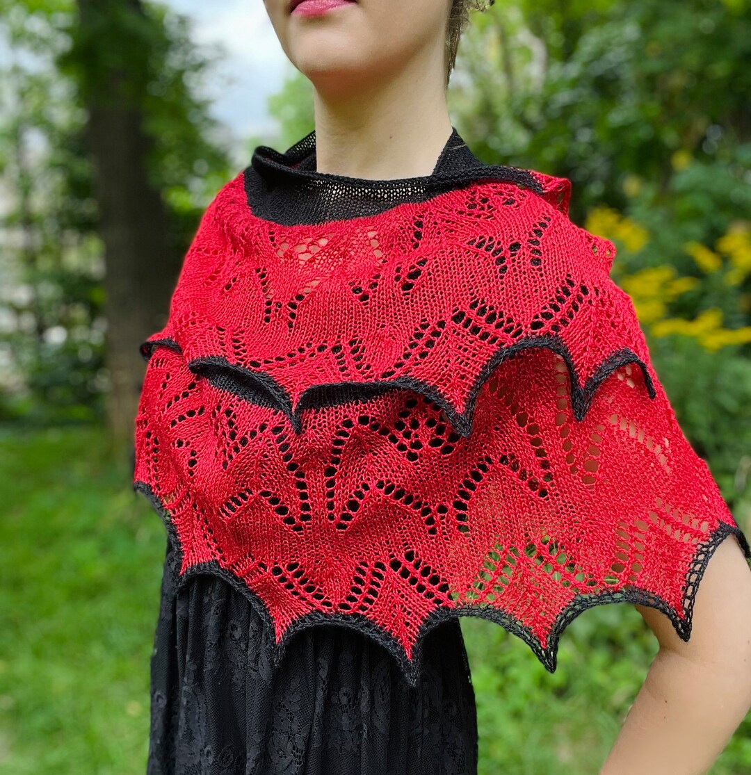 Vampire Bats Handmade Lace Shawl Red Black Boutique Knit Crescent Scarf ...