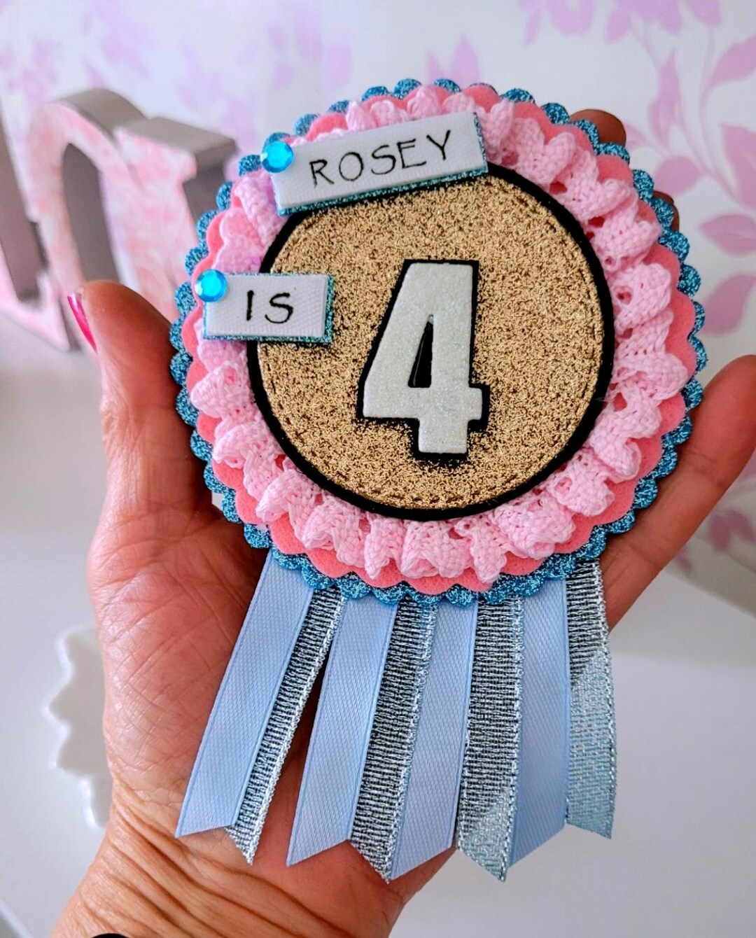Personalised Birthday Badges, Pink and Blue Lace Rosette Birthday Badge ...