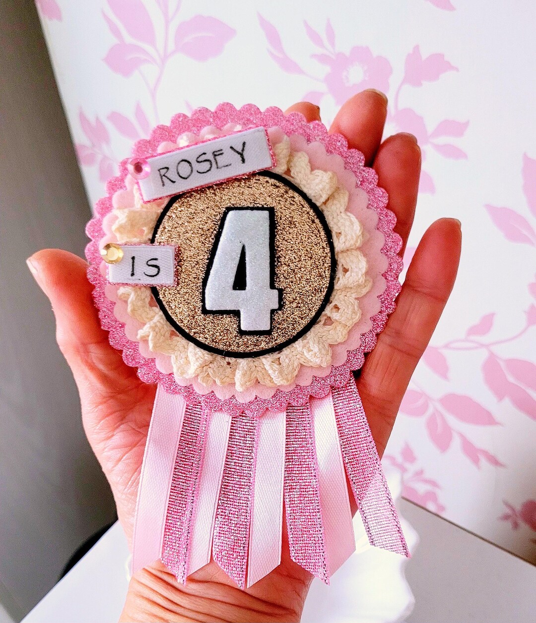 Personalised Birthday Badge, Pink and Rose Gold Lace Rosette Badge ...
