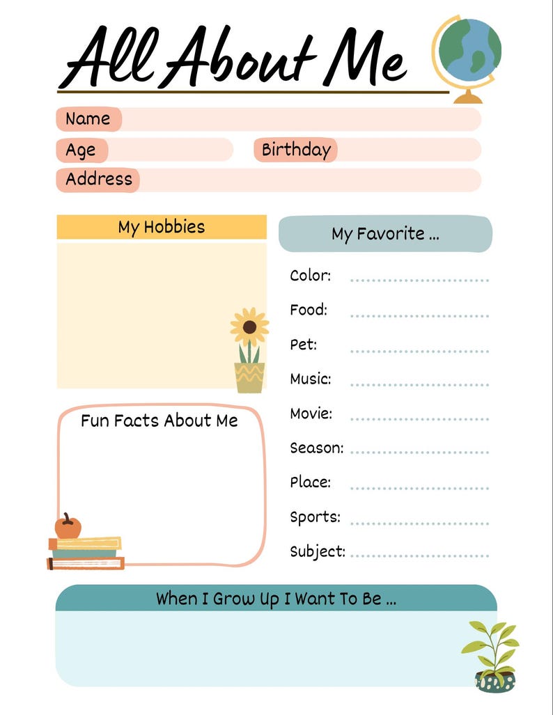 Cute All About Me Printable Worksheet - Etsy