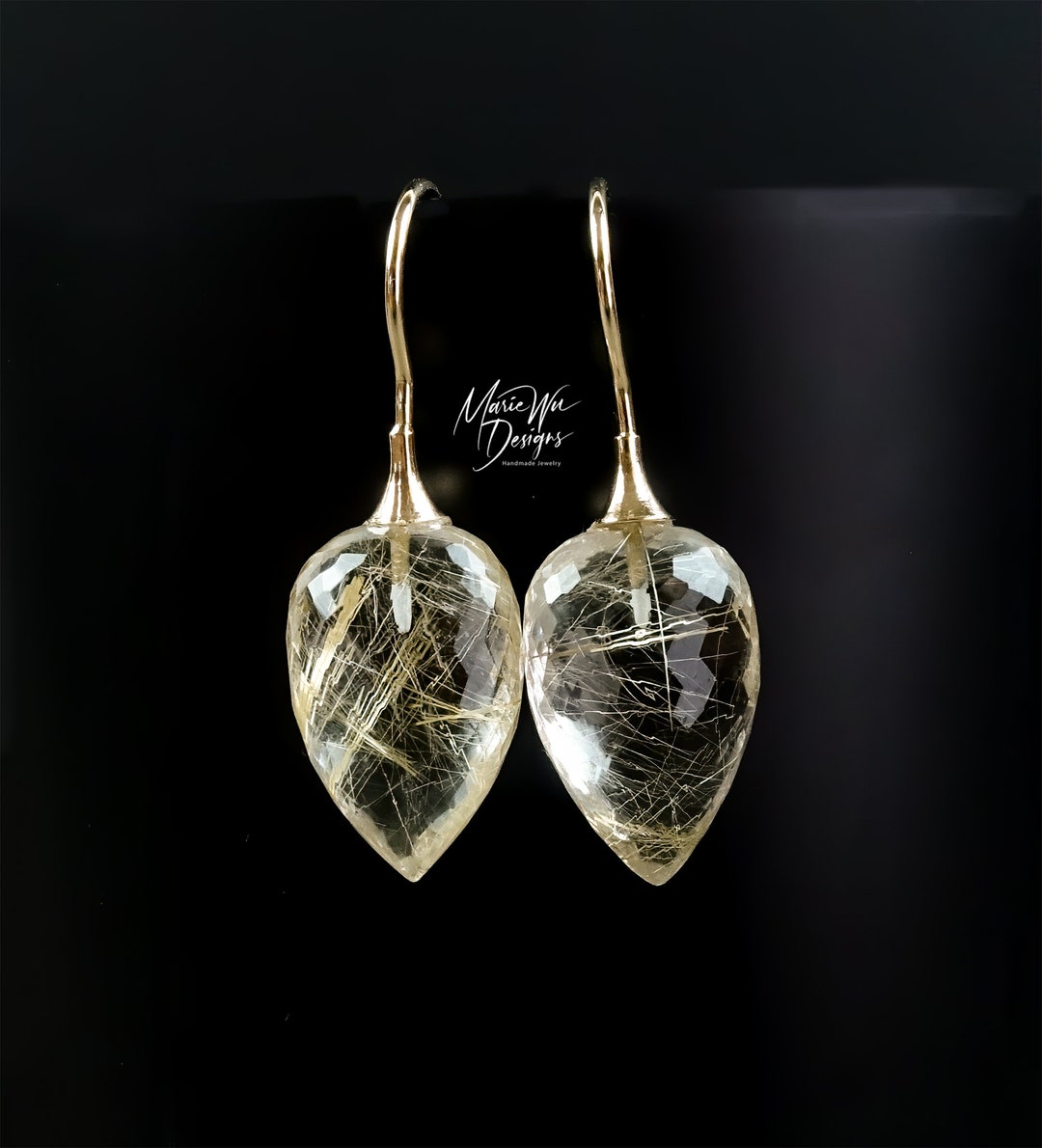 14k Golden Rutilated Quartz-venus Hair Quartz-14k Solid Gold Earrings ...