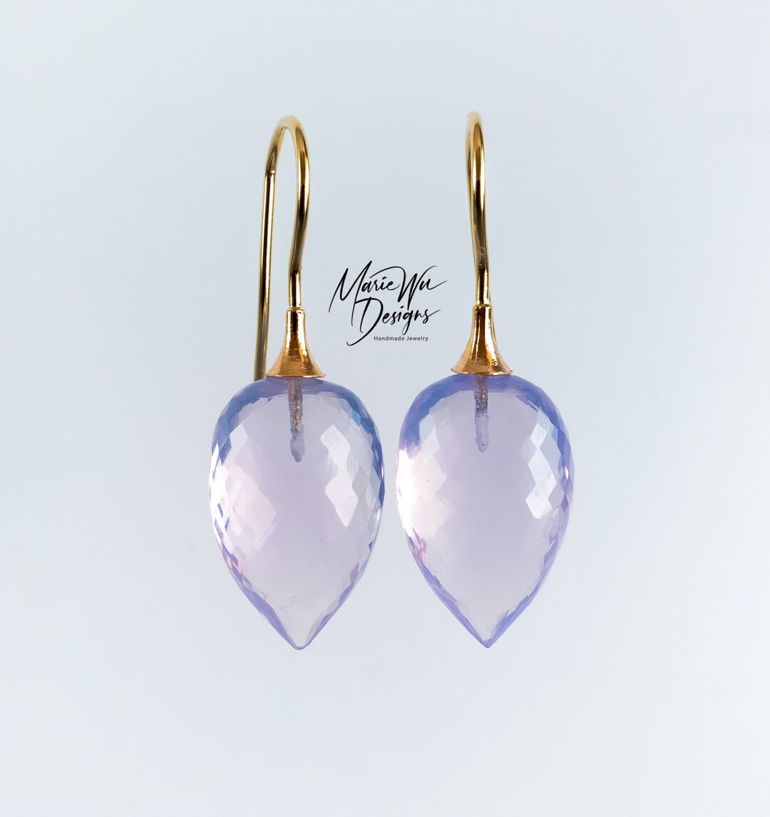 14k Gold Lilac Quartz Earrings, Lavender Gemstone Drops - Etsy