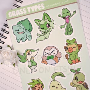 Pokemon - Grass Starters Sticker Sheet, Kawaii, Water Resistant Bujo ...