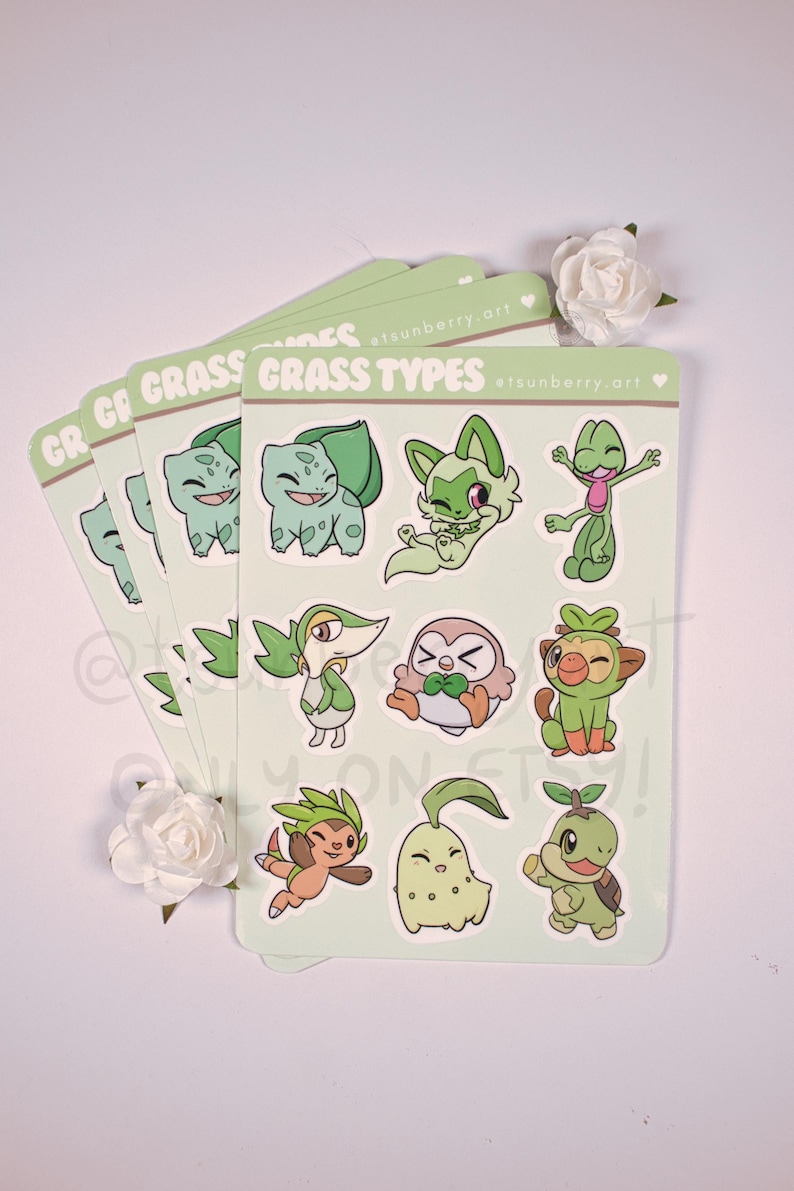 Pokemon - Grass Starters Sticker Sheet, Kawaii, Water Resistant Bujo ...