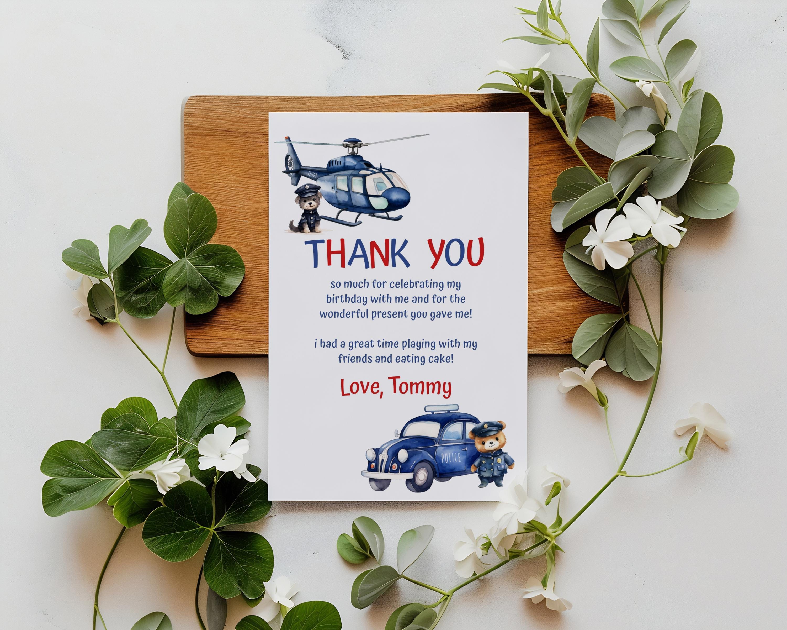 Police Officer Thank You Card, Police Theme, Birthday Thank You Card ...