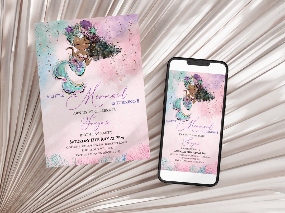 Mermaid Birthday Party Invitation, Pink and Blue Girl Birthday Party ...