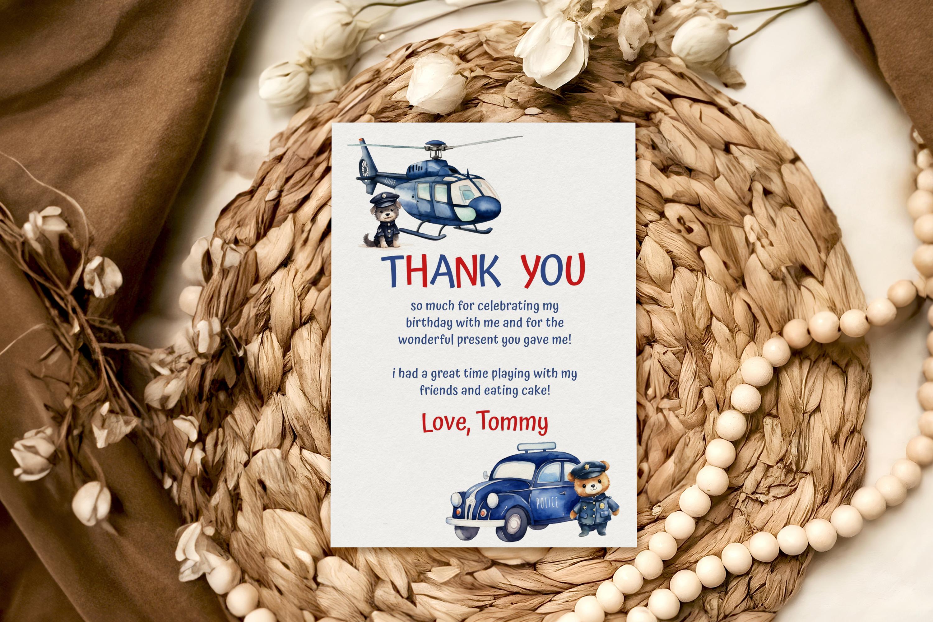Police Officer Thank You Card, Police Theme, Birthday Thank You Card ...