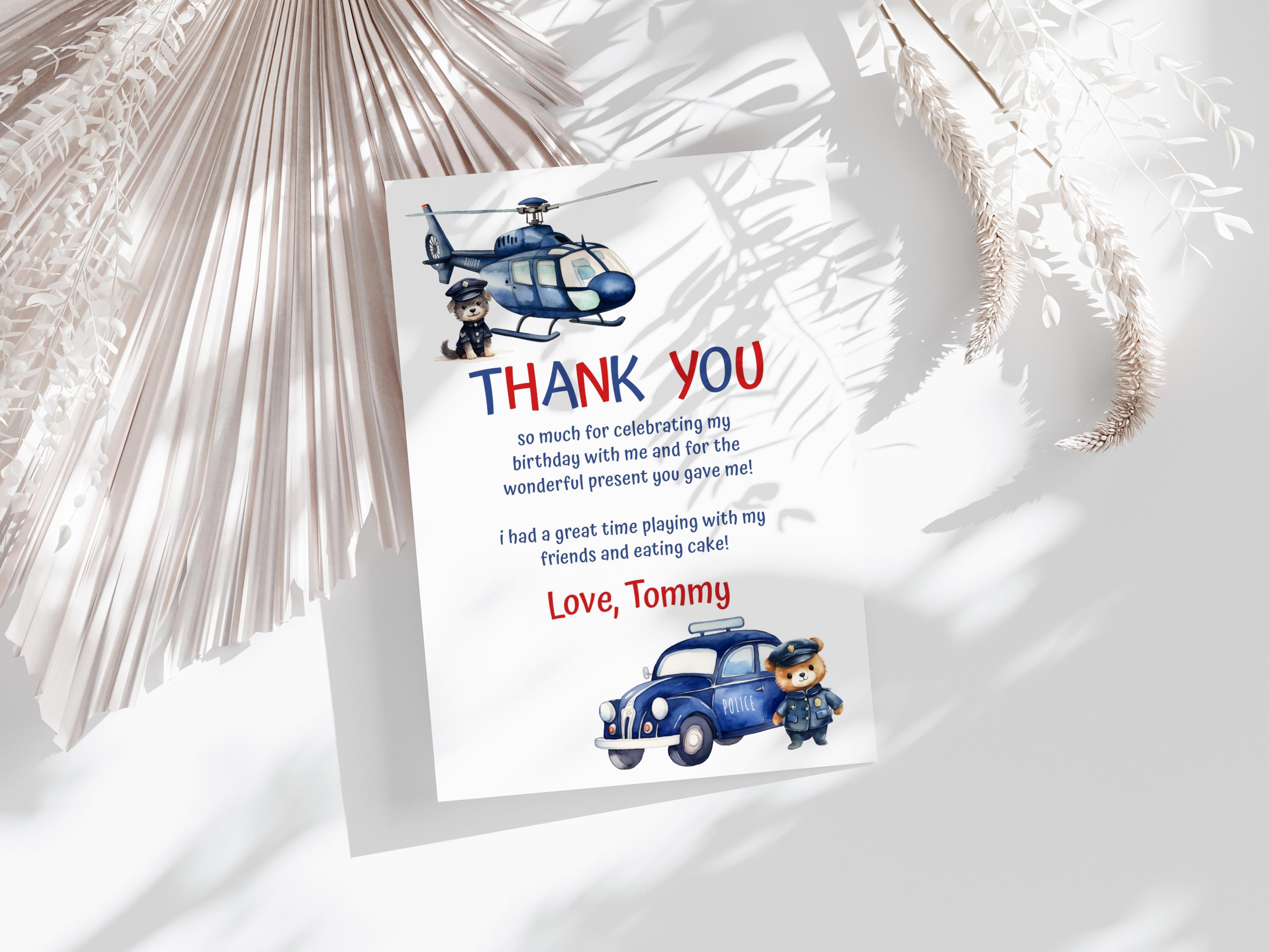Police Officer Thank You Card, Police Theme, Birthday Thank You Card ...