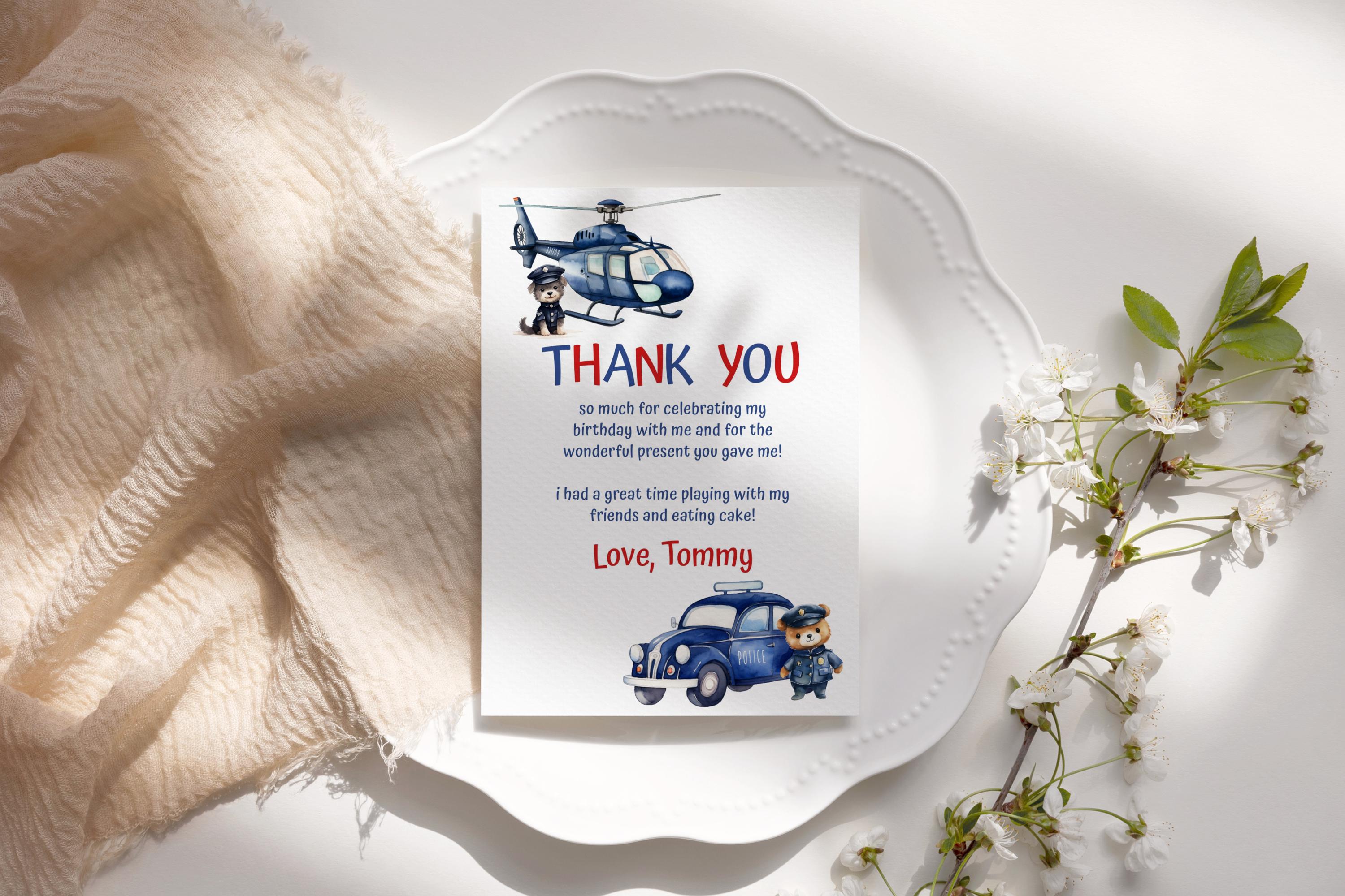 Police Officer Thank You Card, Police Theme, Birthday Thank You Card ...