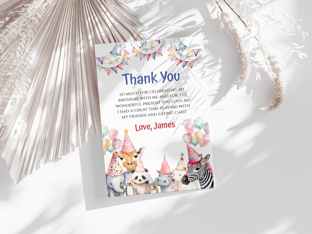 Zoo Animals Thank You Card: Gender Neutral Birthday (editable Digital ...
