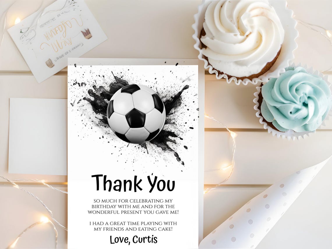 Editable Soccer Birthday Thank You Card: Football Party, Editable ...