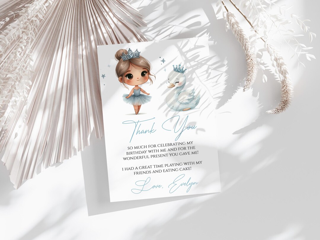 Blue Ballerina Swan Thank You Card: Tutu Birthday Party Editable ...
