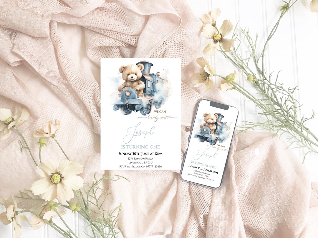 Editable Boys Teddy Bear Birthday Party Invitation, Blue Kids Birthday ...