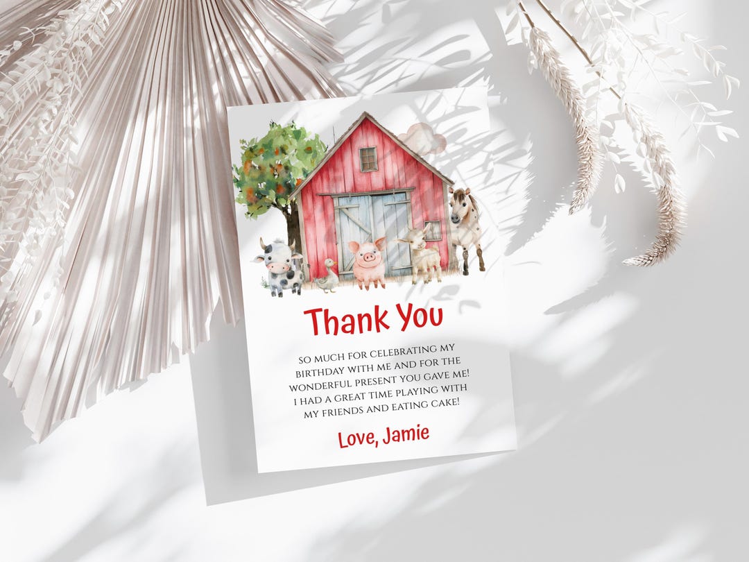 Farm Yard Thank You Card, Farm Animals, Birthday Thank You Card, Baby ...