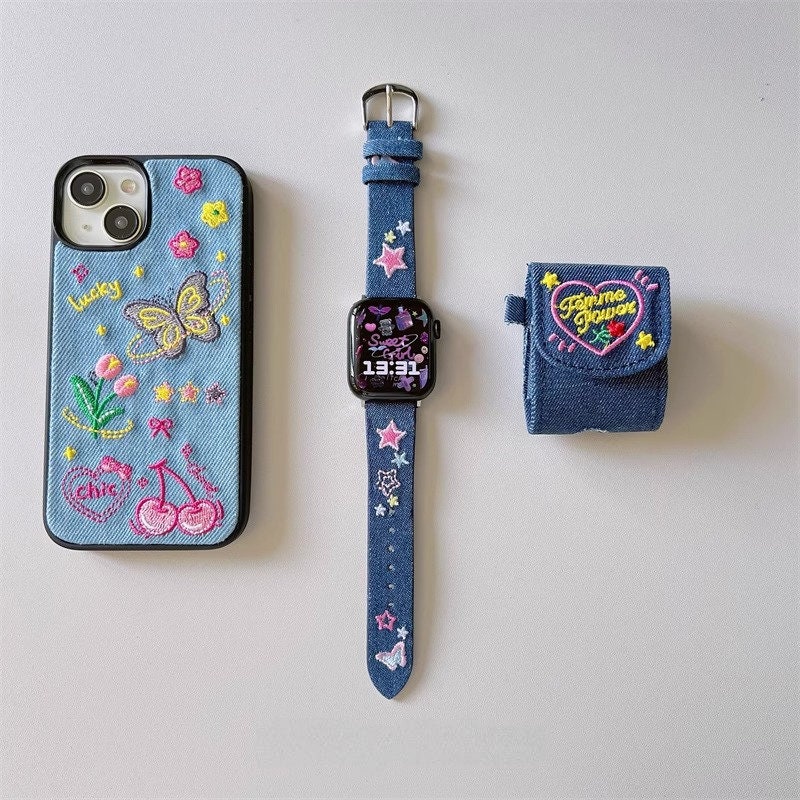 Y2K Style Embroidered Denim Watch Band, Cute Playful Music Star Pac-man ...