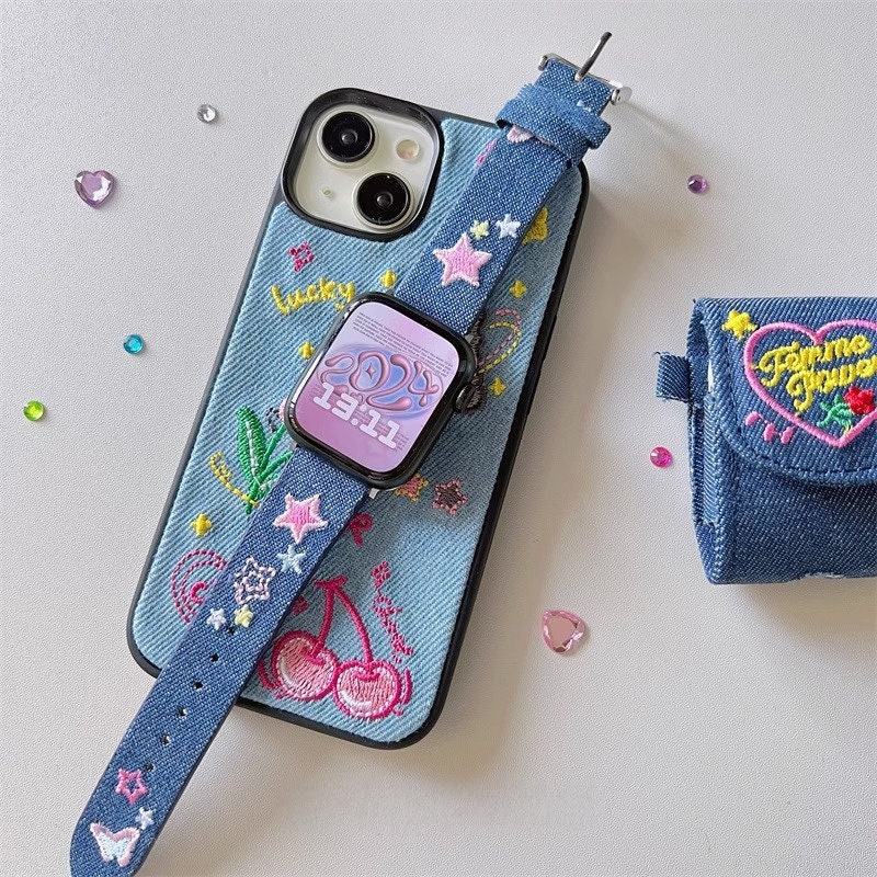 Y2K Style Embroidered Denim Watch Band, Cute Playful Music Star Pac-man ...