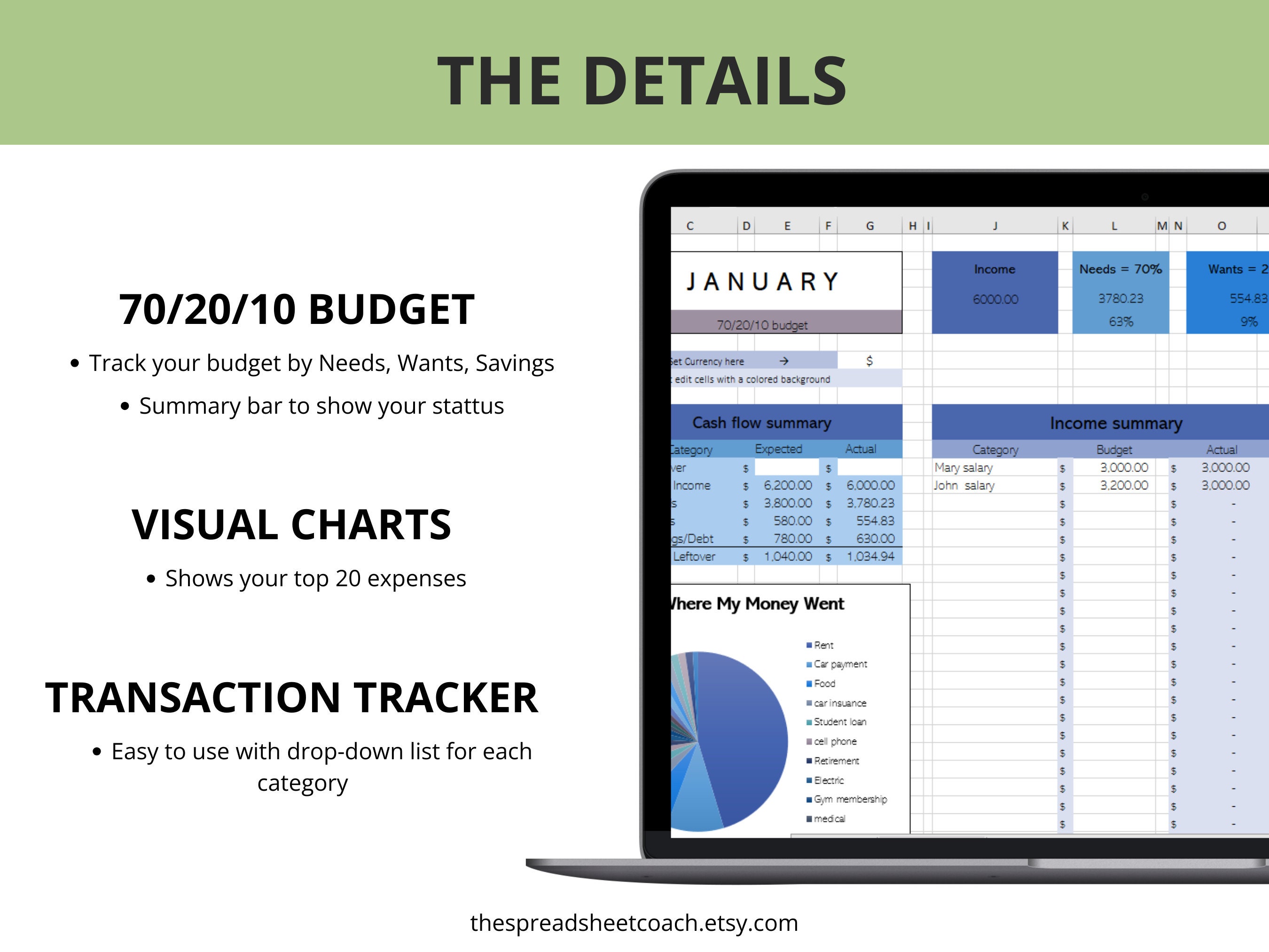 Personal Finance Spreadsheet - Budget Excel Planner With 70/20/10 Rule ...