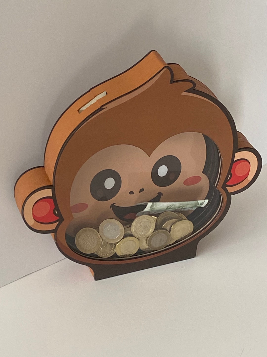 Monkey Money Box, Personalized Monkey Piggy Bank, Custom Wooden Monkey ...