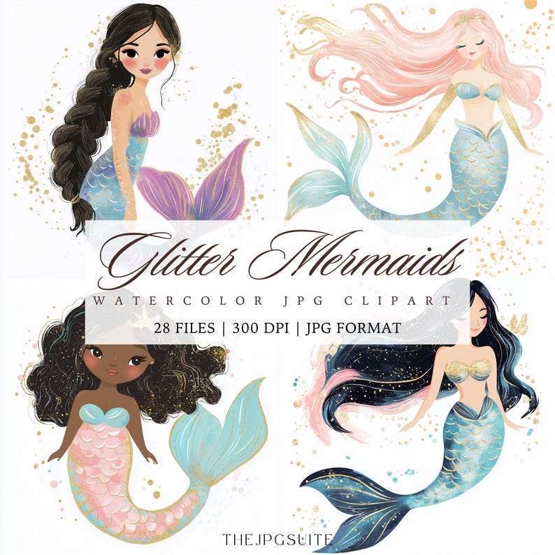 28 Mermaids JPG Clipart, Glitter Mermaids Clipart, Mermaid Party Decor ...