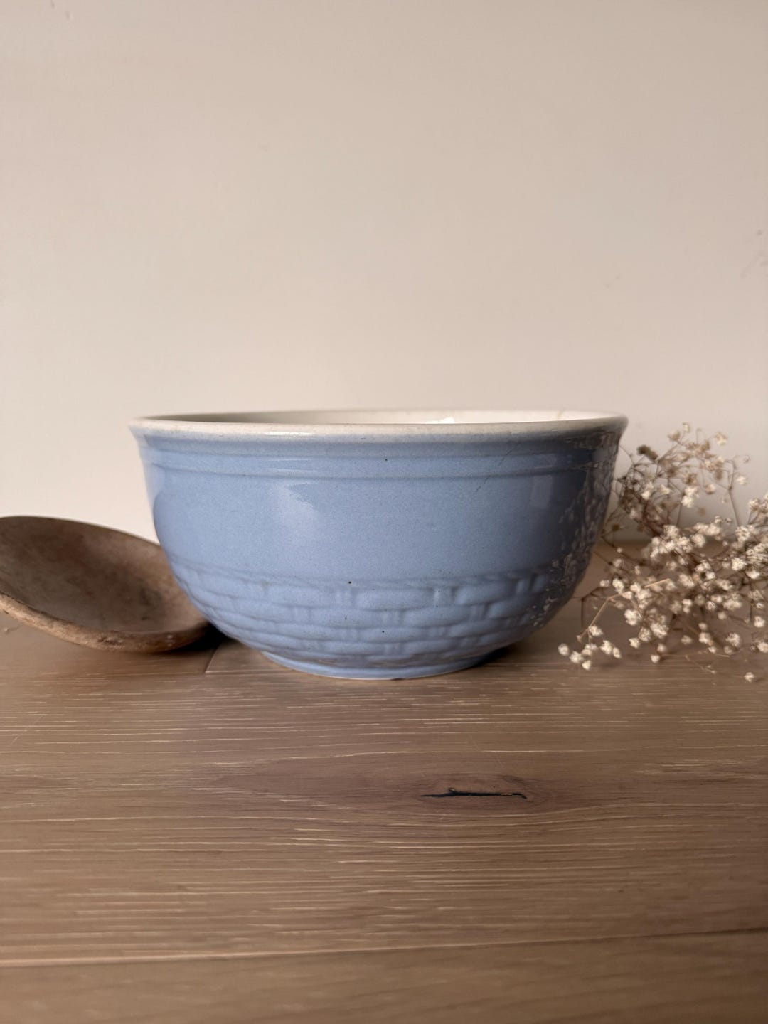 Vintage Blue Bowl - Pottery Basketweave Mixing Bowl - Medalta Potteries ...