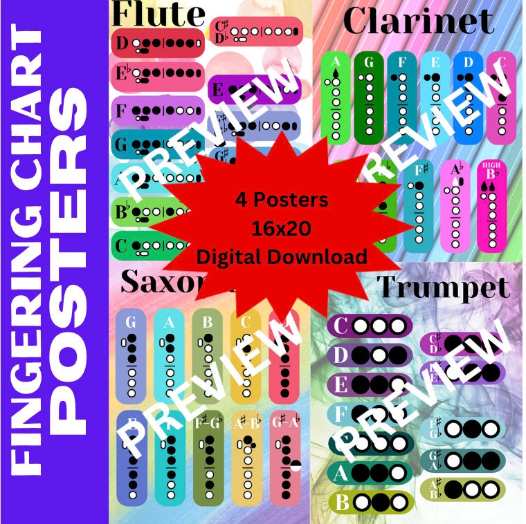 Band Instrument Fingering Chart Posters - Etsy