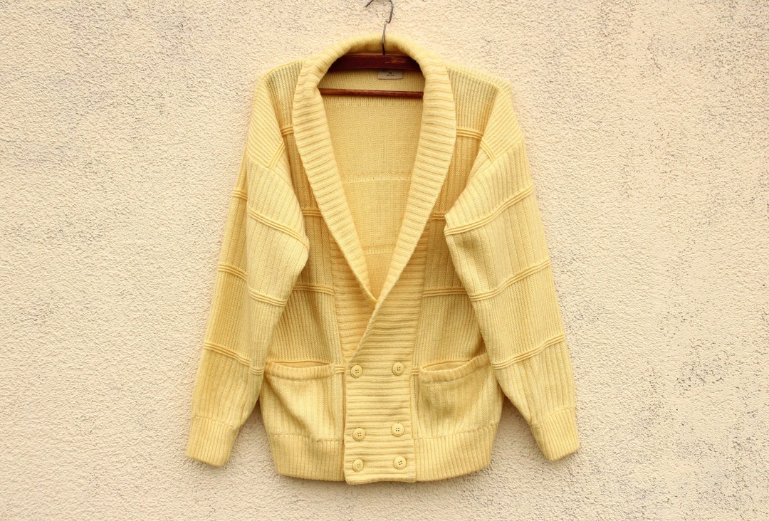 Vintage Pale Yellow Cardigan Men's / Pale Yellow Sweater Men's / Angelo ...