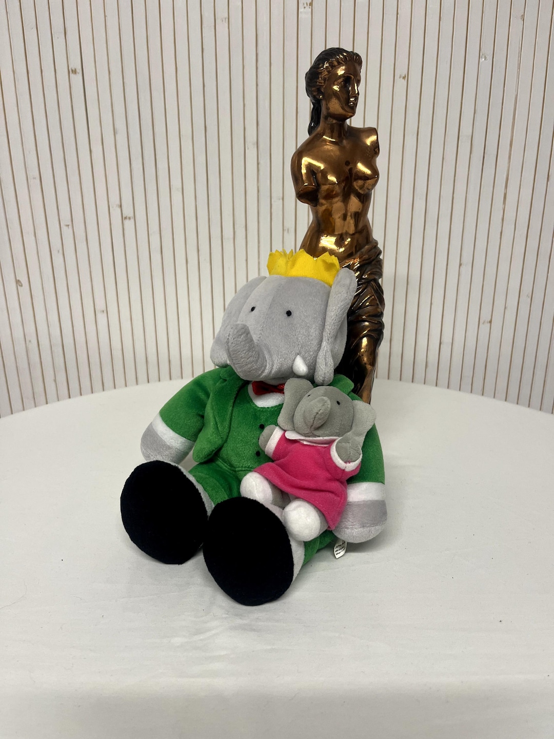 Vintage Lansay Babar and Flora Plush Toys, Elephants in Green Suits and ...