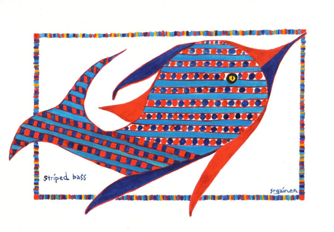 Fish, Fish Art, Bass, Bass Art, Whimsical Striped Bass, Striped Bass ...