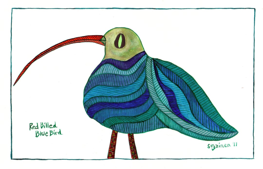 Bird, Bird Art, Whimsical Bird, Red-billed Bird, Blue Bird, Red-billed ...