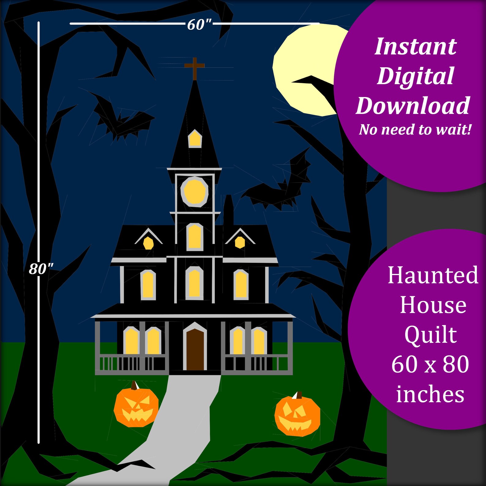 Haunted House Quilt Pattern: 60x80" FPP Halloween Quilt (digital ...