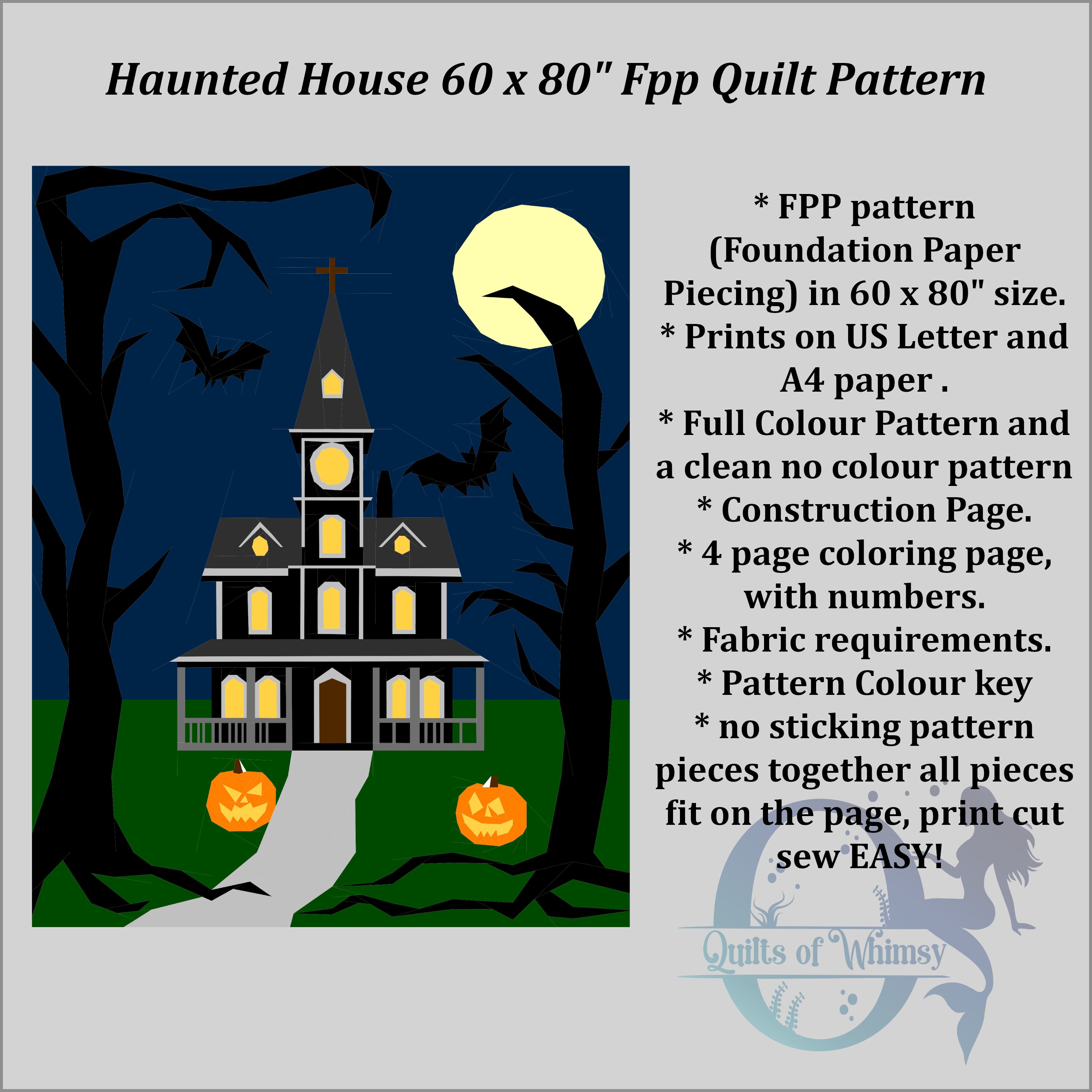 Haunted House Quilt Pattern: 60x80" FPP Halloween Quilt (digital ...