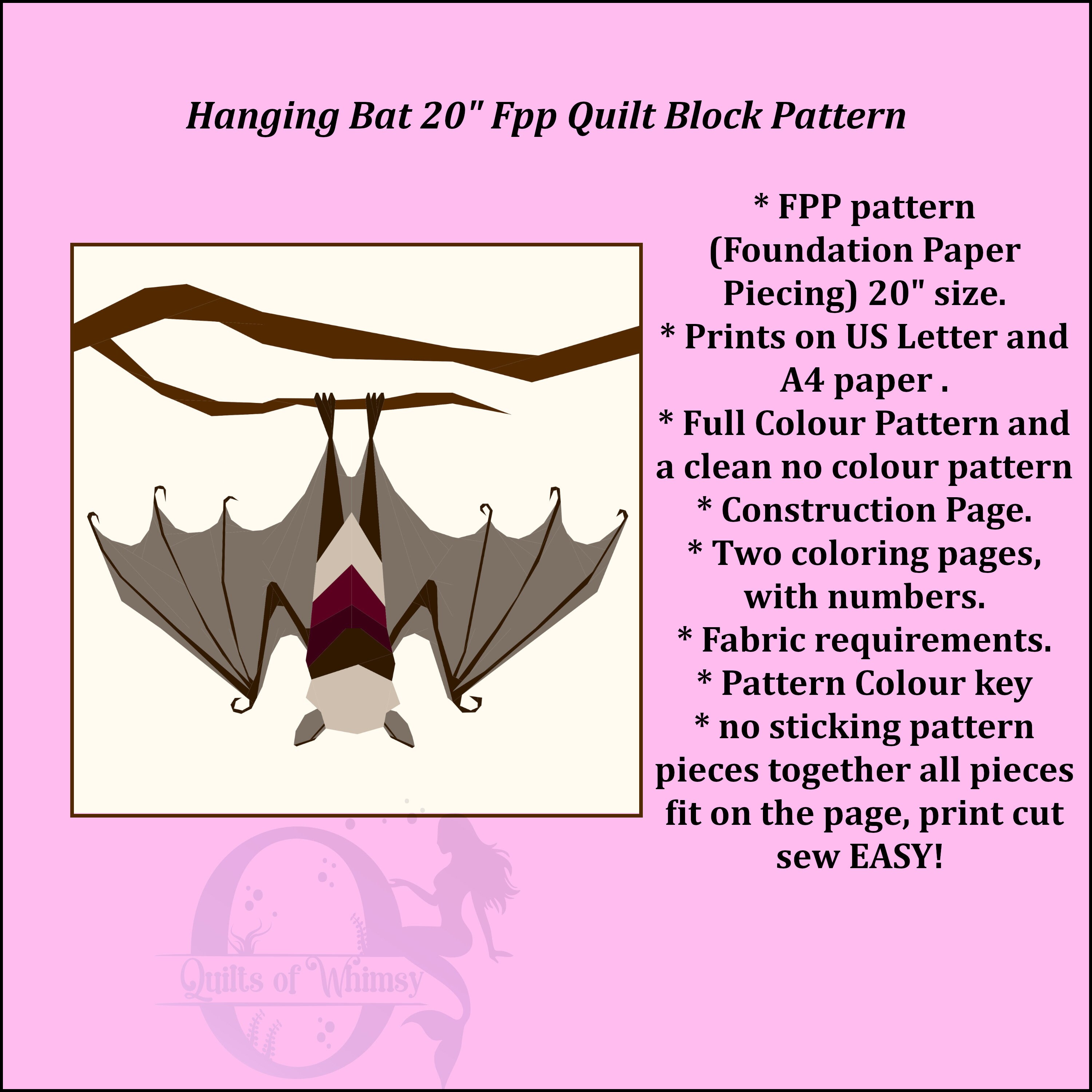 Hanging Bat Foundation Paper Pieced Block Pattern for Halloween Quilt ...