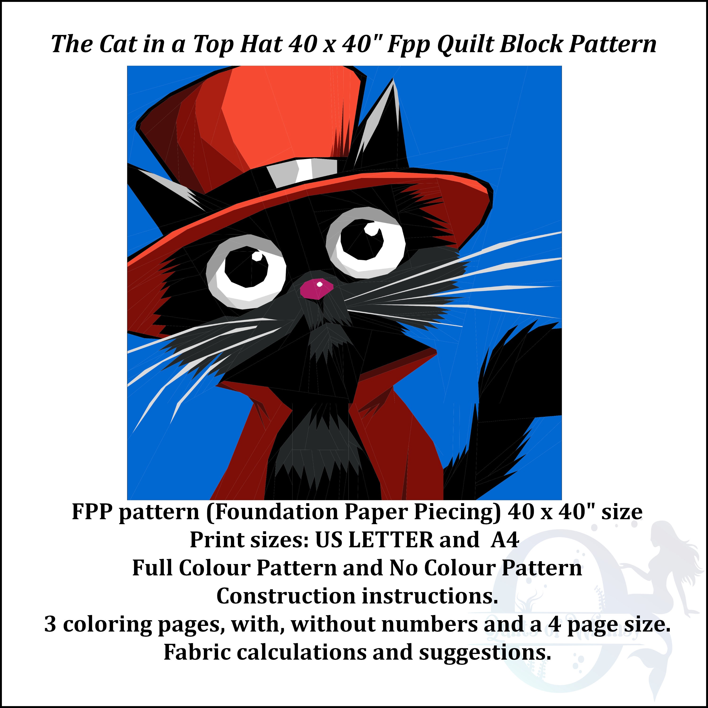 Cat in a Top Hat Fpp Quilt Block 40 X 40 Inch Us Letter and A4 Print ...